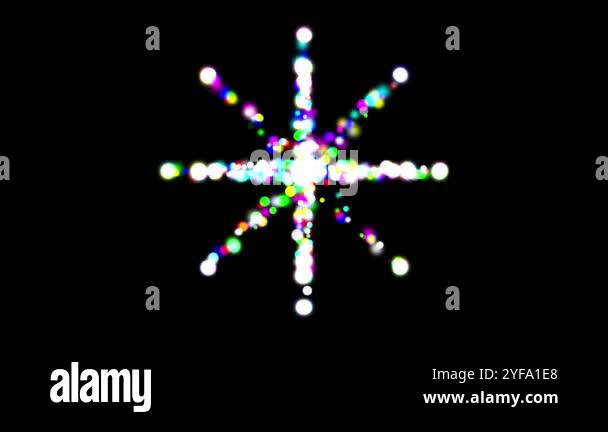 Spinning 3d sparkle shape with colorful bokeh lights on plain black ...