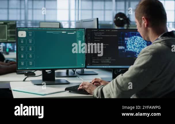 Engineer in server hub making AI software turning text prompt into photos. Technician in data ...