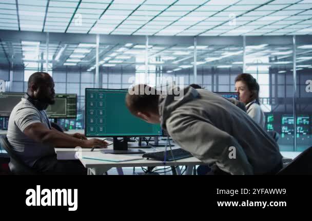 Computer scientist in server room making software producing AI ...