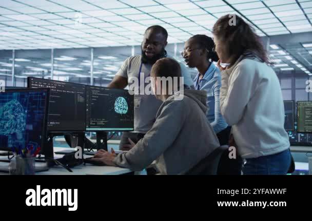 Technician doing brainstorming with colleagues to fix error in code affecting server room AI ...