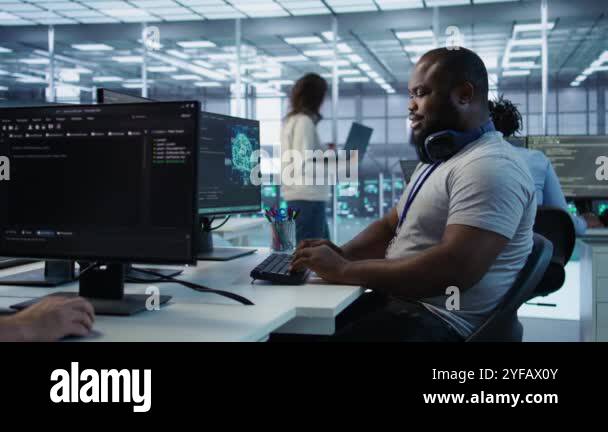 Teamworking Colleagues Updating Ai Systems Writing Intricate Binary Code Scripts On Pc And
