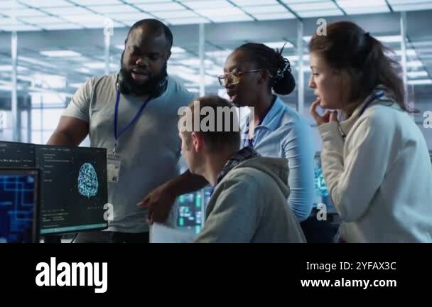 Technician doing brainstorming with colleagues to fix error in code affecting server room AI ...