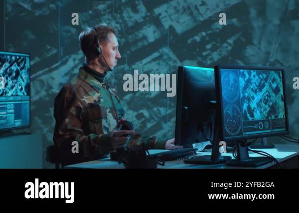 Workplace of the military air traffic controller in the control tower ...