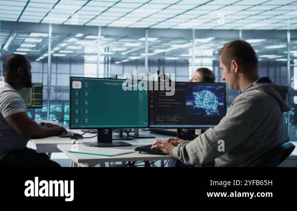 Engineer in server hub making AI software turning text prompt into photos. Technician in data ...