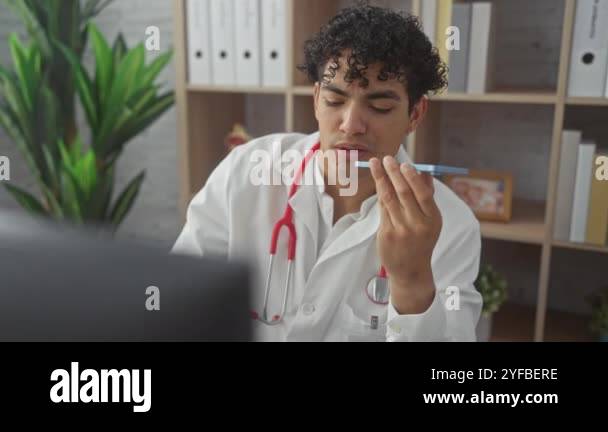 A young hispanic male doctor examines a glass slide in a clinic office ...