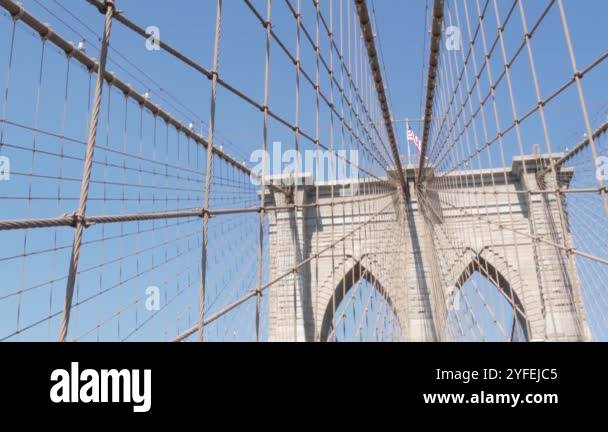 Brooklyn Bridge to Manhattan downtown, cables and blue sky. New York ...