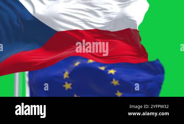 Close-up of Czech Republic natioanl flag waving with European Union ...
