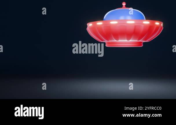 Flying ufo saucer with beam light on black background. Cartoon funny ...