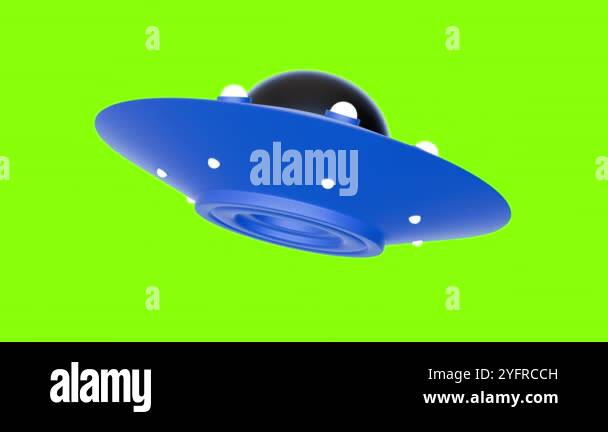 Flying ufo saucer rotated on green screen background. Cartoon funny ...