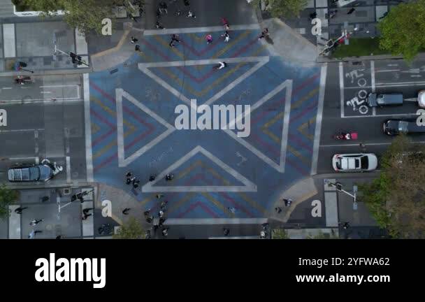 A top-down aerial view of a vibrant and uniquely designed intersection ...
