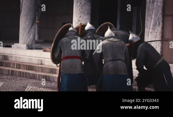 Demonstration battle of Medieval knights warriors soldiers fighting ...