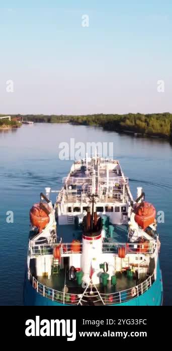 Cargo ship standing at beach. Footage. Top view of beautiful old cargo ...