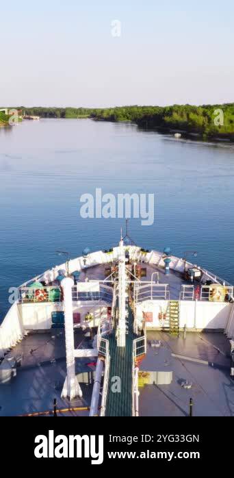 Top view of bow of cargo ship floating on river. Footage. Bow of ship ...