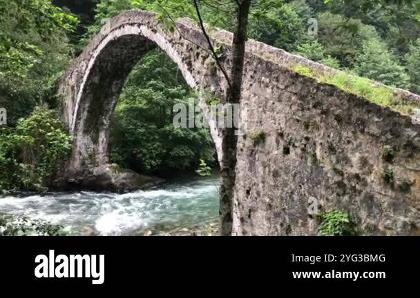 Paleokarya Old Stone Arch Bridge Between Two Waterfalls Stock Video ...