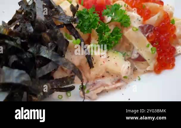 Fusion pasta Italian Japanese style mentaiko cream fish roe ikura ...