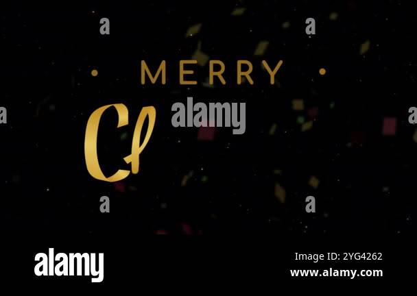 Golden words Merry Christmas in confetti rain 2D objects animation ...