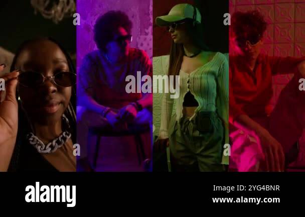 Split screen of diverse young people wearing glasses posing for camera while visiting night club ...