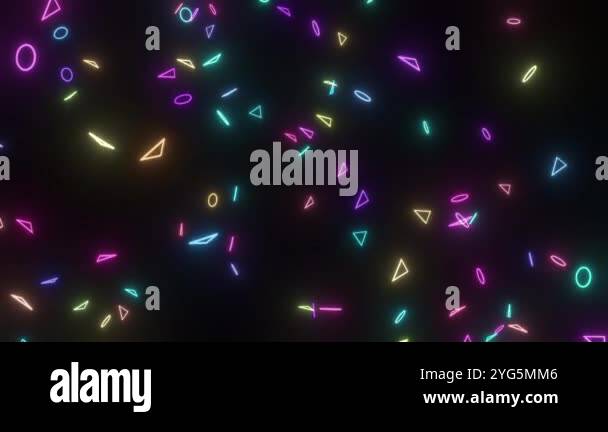 Abstract animated background of small neon shapes randomly slow moving and rotating, 4K animated ...