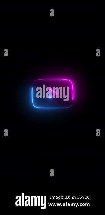 animation of neon play button icon on black background, blue and pink ...