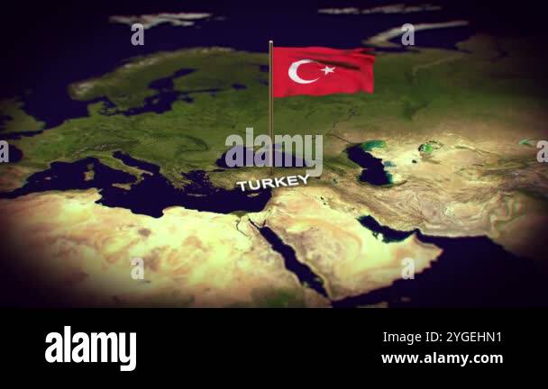 The Flag of Turkey on the World Map, Turkey map with flag 3d animation ...