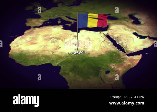 The Flag of Chad on the World Map, Chad map with flag 3d animation ...