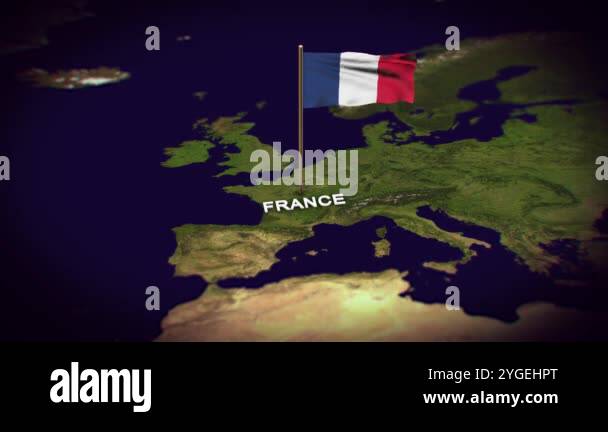 The Flag of France on the World Map, France map with flag 3d animation ...