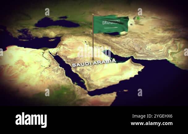 The Flag of Saudi Arabia on the World Map, Saudi Arabia map with flag ...