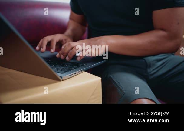 Close up of Male hand using laptop computer to typing and communicate ...