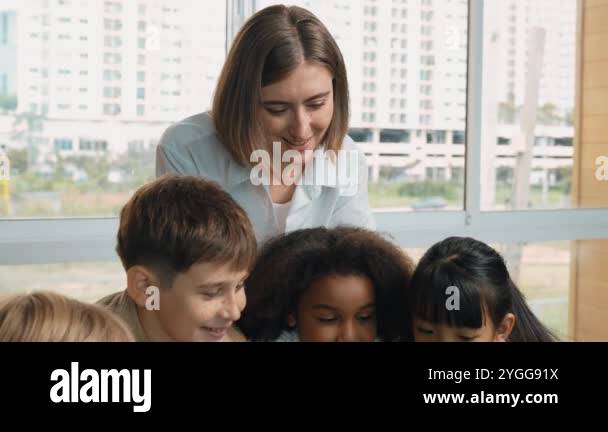 Cute african girl programing system while surround with caucasian ...