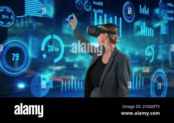 Woman reporter presenting news of pointing market data graph analysis ...