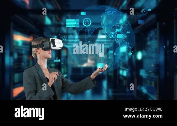 Woman looking finance big data dynamic rotating dynamic world screen by VR future global market ...