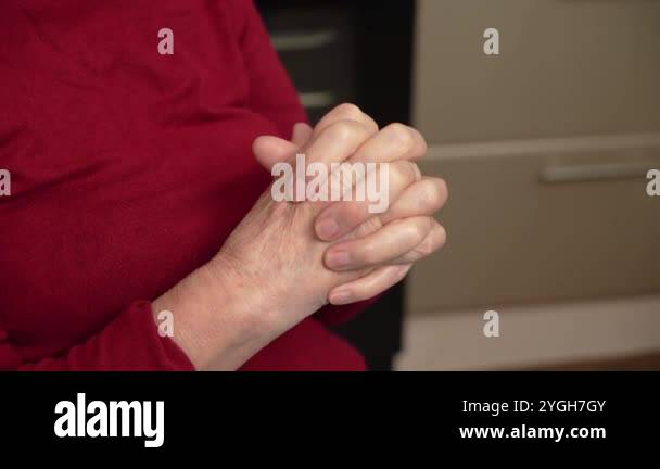 Elderly woman, hands together and stress with pain for arthritis ...