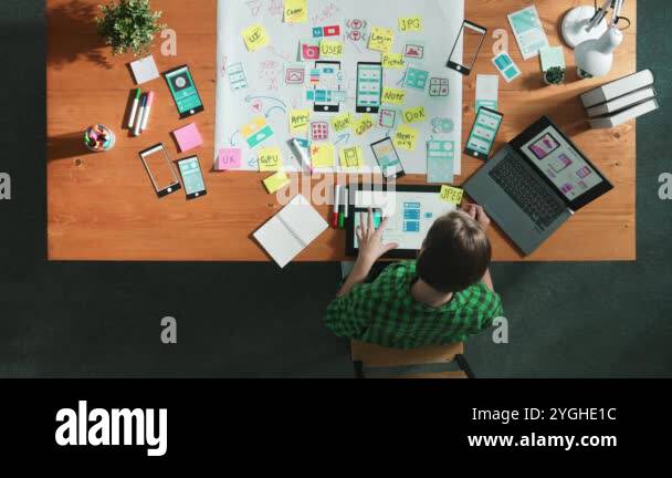 Top down view of manager working together to develop Ux Ui design for ...