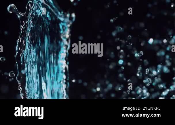 A focused, detailed view of a water splash and droplets in slow motion ...