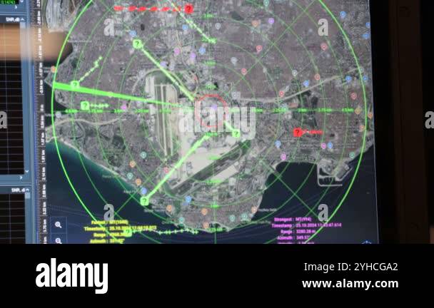 Military radar imaging device screen scanning an area on the map ...