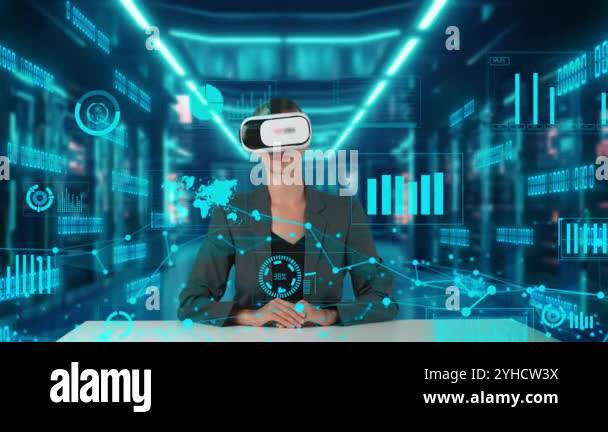 Businesswoman selecting dynamic market data scattering research ...