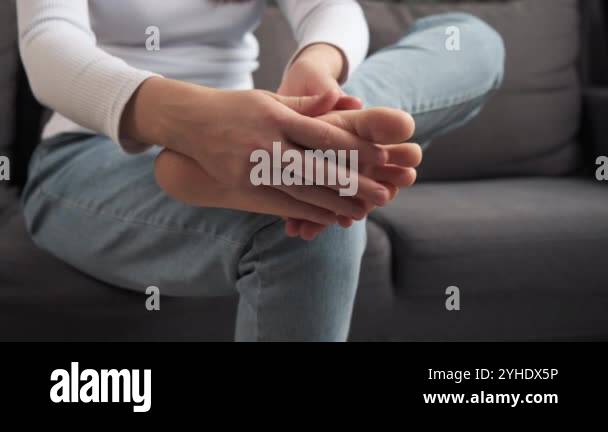 Close up ache young woman hand scratch feet, itch foot, problem itchy ...