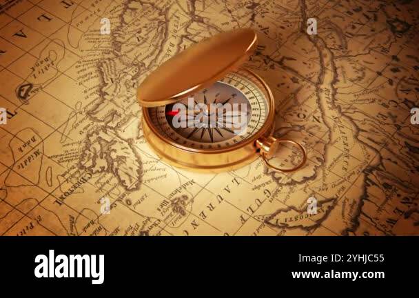 Golden compass on an old map indicating direction. 3D animation. 4K ...