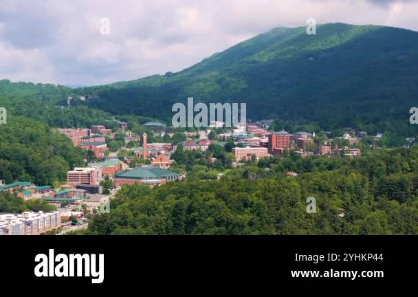 Small town America in Blue Ridge Mountains. Boone, North Carolina. Red ...
