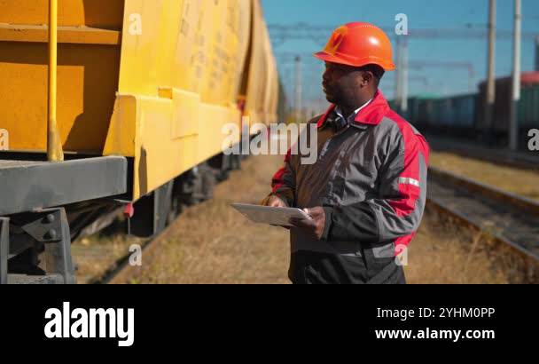 Inspector of wagons at freight train station makes notes in his tablet ...