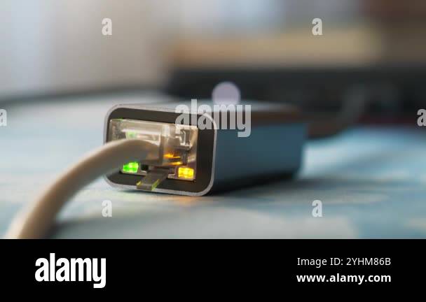 Ethernet cable adapter. Working ethernet cable adapter with green LED ...