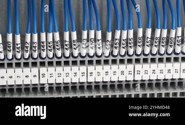 Terminal blocks in electrical cabinet. Industrial electrical equipment ...