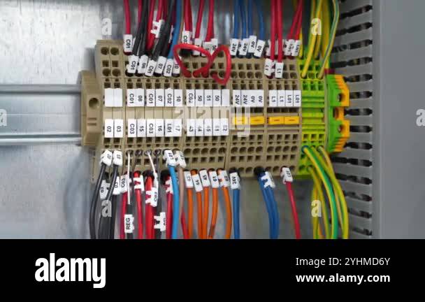 Terminal blocks in electrical cabinet. Cable connector. Industrial ...