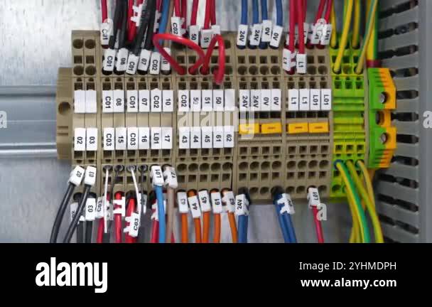 Terminal blocks in electrical cabinet. Cable connector. Industrial ...