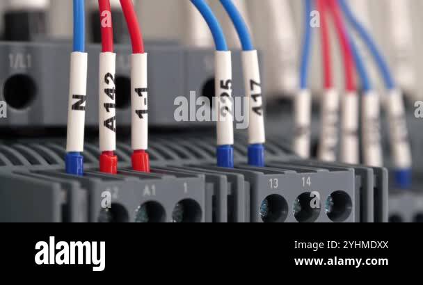 Terminal blocks in electrical cabinet. Industrial electrical equipment ...