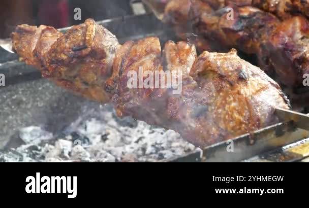 Fatty, unhealthy, partially burnt meat with cholesterol and carcinogens ...