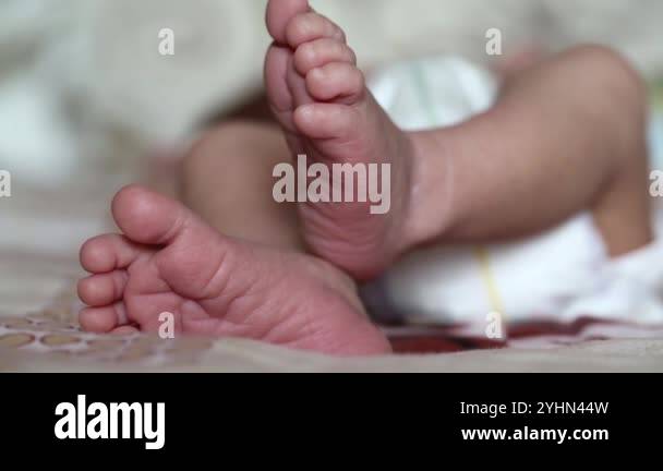 Feet of newborn baby. Funny little feet of neonatal three weeks old ...