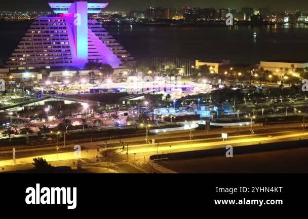 QATAR, DOHA, MARCH 20, 2018: UHD 4K night timelapse of Sheraton Grand ...
