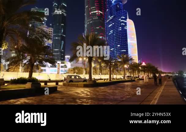 QATAR, DOHA, MARCH 20, 2018: 8K night timelapse of Corniche embankment ...