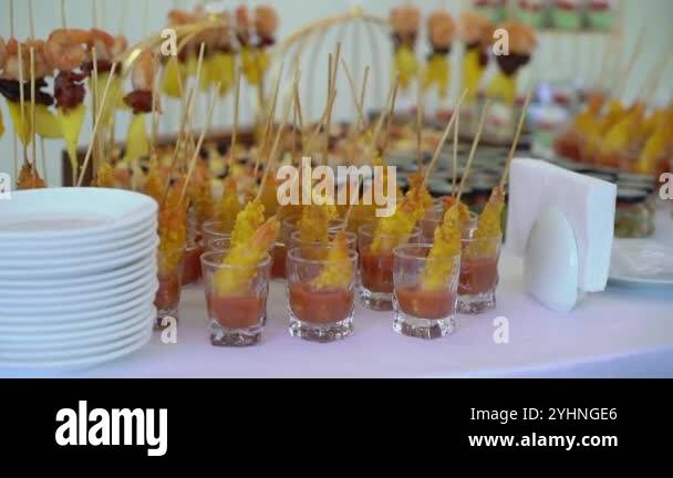 Canapes food at welcome reception dinner buffet in restaurant party ...